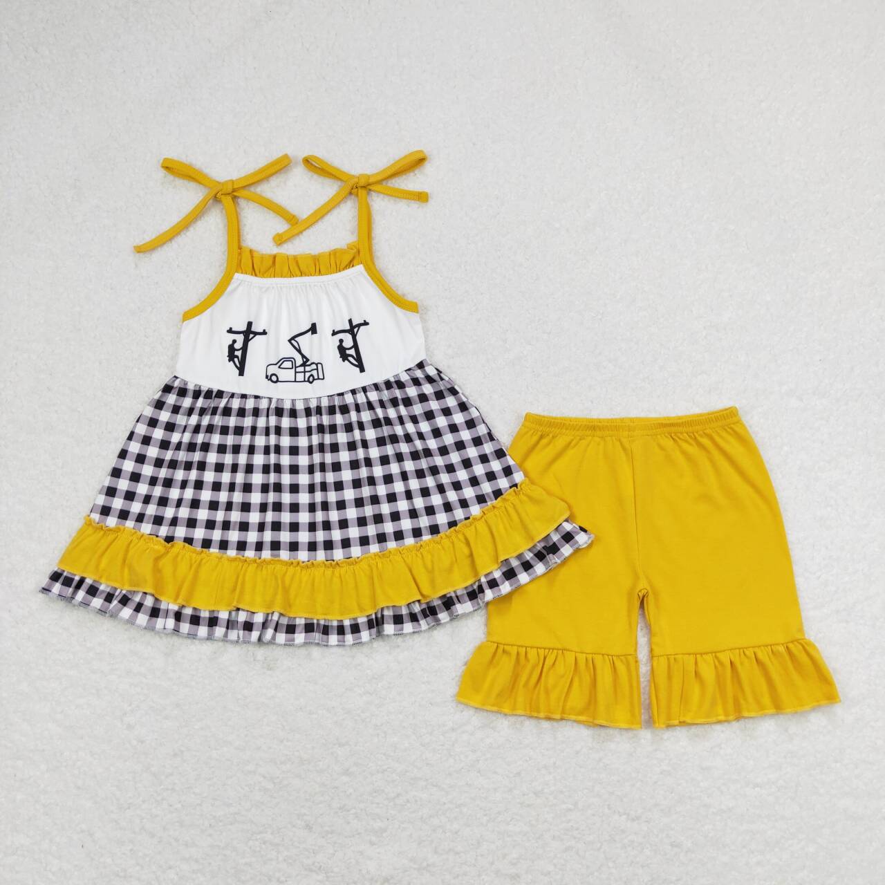 GSSO0771 Telegraph pole black and white checkered halter shorts suit ...